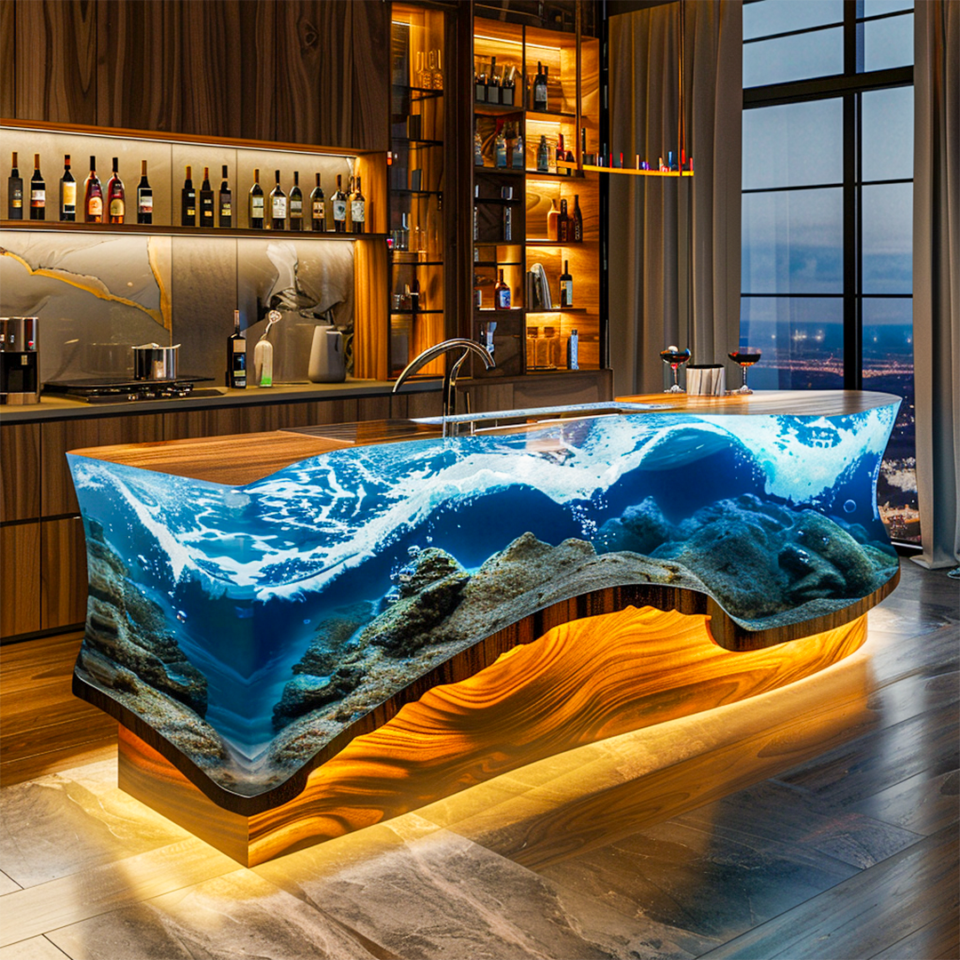 Aquatic Elegance: Dive into Luxury with Wood Epoxy Ocean Kitchen Bar ...