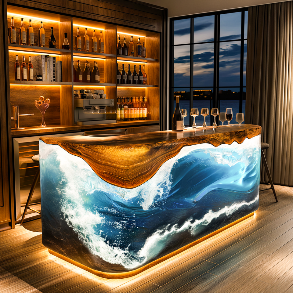 Aquatic Elegance: Dive into Luxury with Wood Epoxy Ocean Kitchen Bar ...