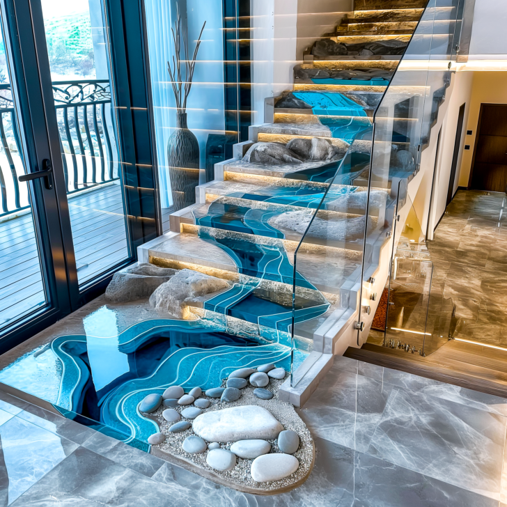 Flowing Beauty: River Epoxy Staircase Embellished with Natural River ...