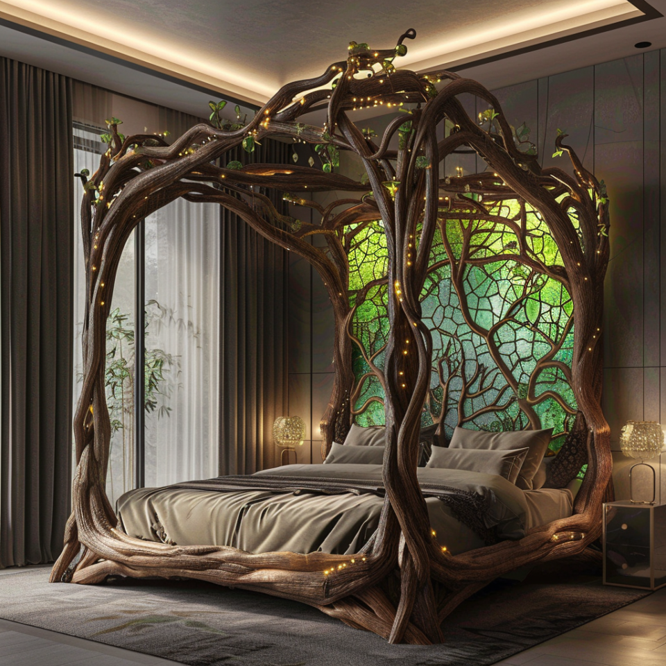 Twilight Tranquility: Moonlit Forest Canopy Beds with Stained Glass ...