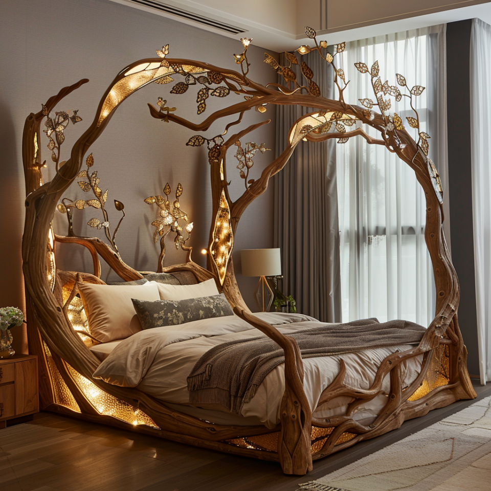 Twilight Tranquility: Moonlit Forest Canopy Beds with Stained Glass ...