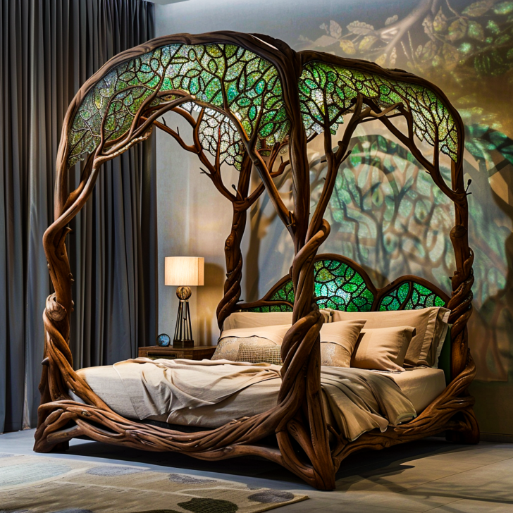Twilight Tranquility: Moonlit Forest Canopy Beds with Stained Glass ...