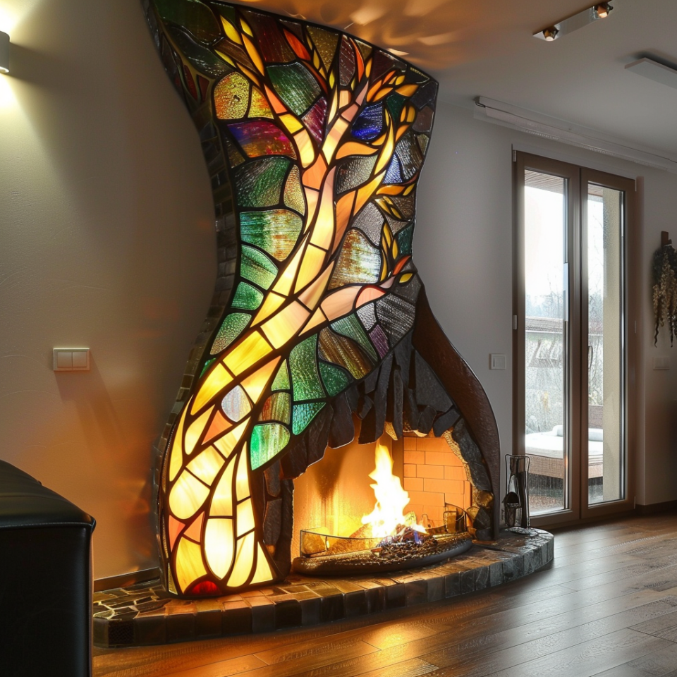 Whimsical Hearths: Giant Stained Glass Tree Fireplaces for Your Home