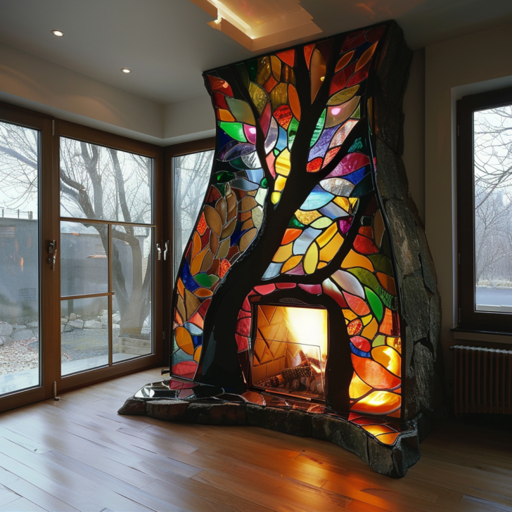 Whimsical Hearths: Giant Stained Glass Tree Fireplaces for Your Home